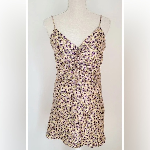 Zara | Dresses | Zara Draped Satin Effect Floral Purple Yellow Sleeveless Mini Slip Dress M Y2k ...